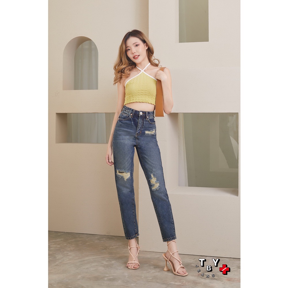 กางเกงยีนส์ผ้าไม่ยืดผู้หญิง ทรงมัมเอวสูง ฟอกไบโอเข้มขัดขาด(T3025) | Shopee Thailand