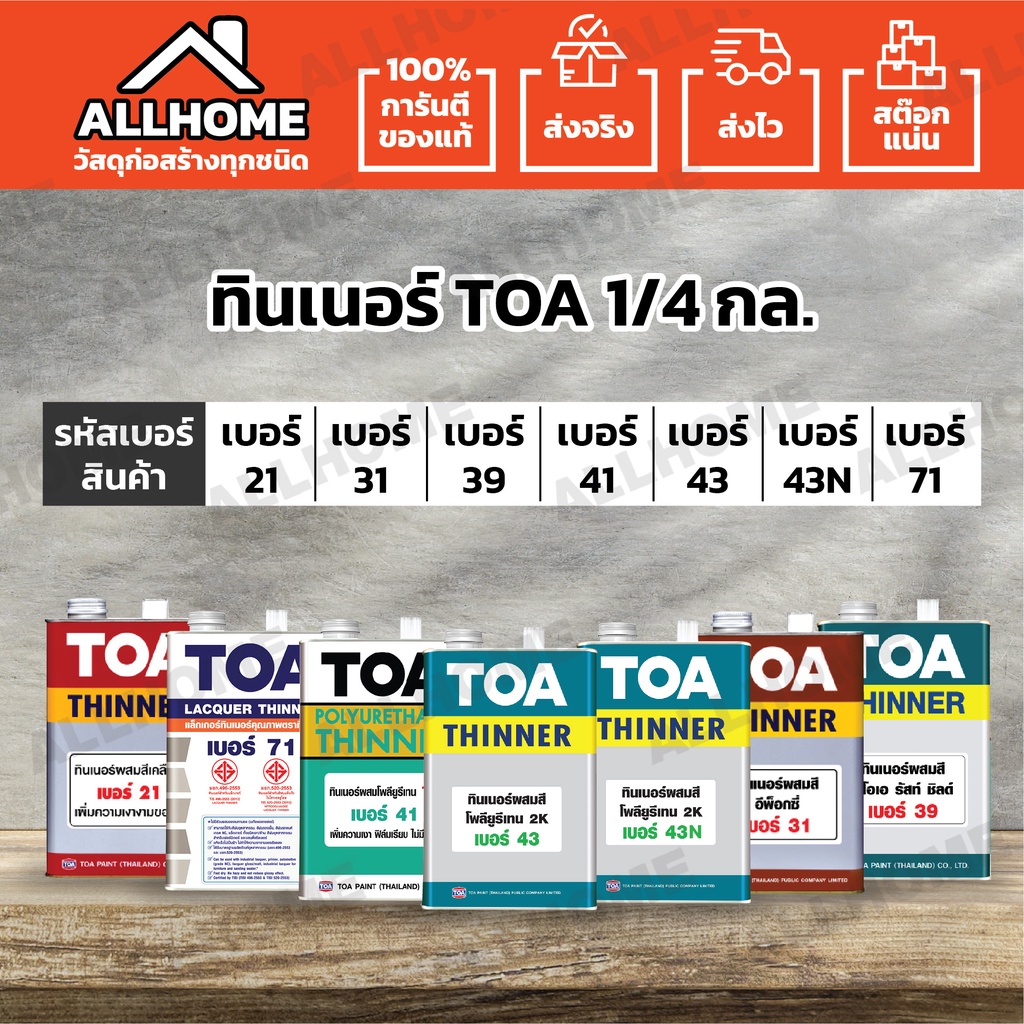 ทินเนอร์ TOA ทุกเบอร์ #21 #31 #39 #41 #43 #43N #71 1/4 กล. | Shopee Thailand
