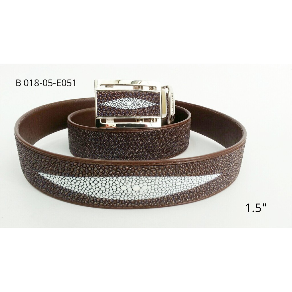 B 018-05-E051 เข็มขัดหนังปลากระเบนลายจุดสีน้ำตาล หนังปลากระเบนแท้ 100% ...