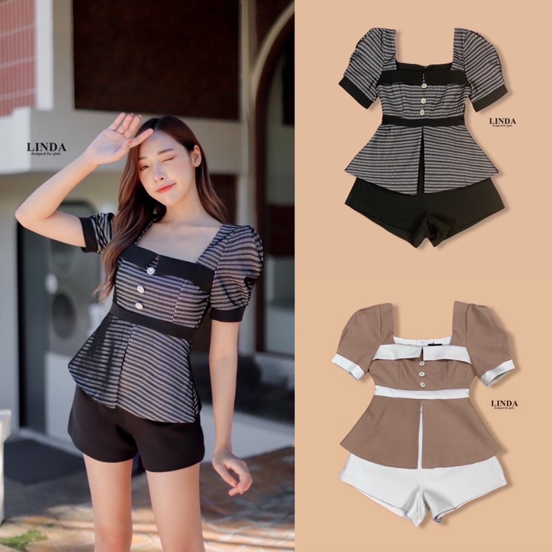 set เสื้อ+ กางเกงขาสั้น มีสีดำกับสีเบจ มีXS SML ป้ายLinda | Shopee Thailand