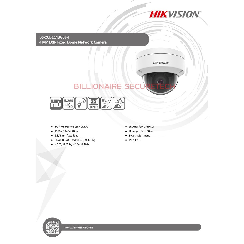 HIKVISION IP CAMERA 4 MP DS-2CD1143G0E-I (2.8 mm) POE, IR 30 M., IK10 BY BILLIONAIRE SECURETECH ...