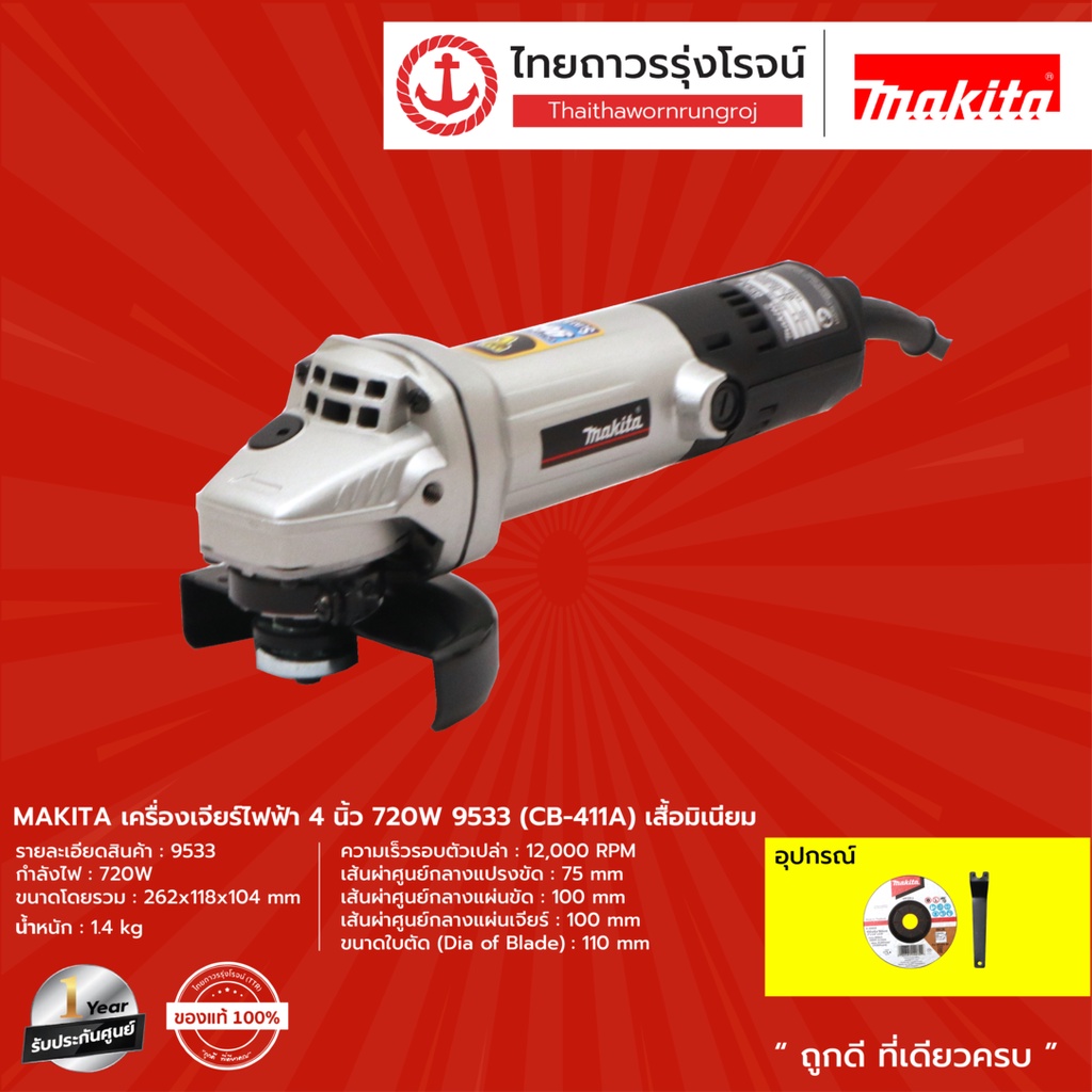 MAKITA (MJ) 9533 เครื่องเจียร์ไฟฟ้า 4นิ้ว 720W รุ่น 9533 (CB-411A) เสื้ ...
