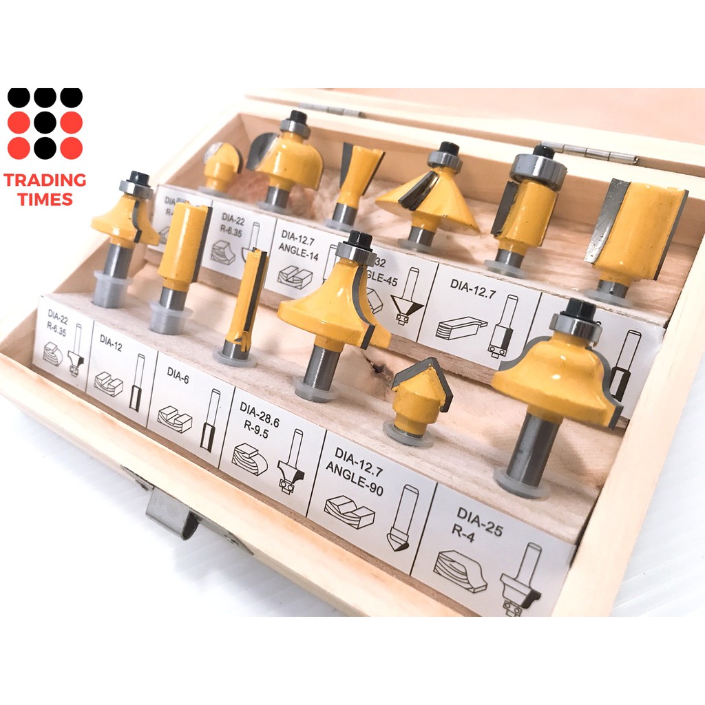 ชุด ดอกทริมเมอร์ 12 ดอก Trimmer เซาะร่อง ขุด แกะลวดลาย แกน 1/4" ( 6.35 ...