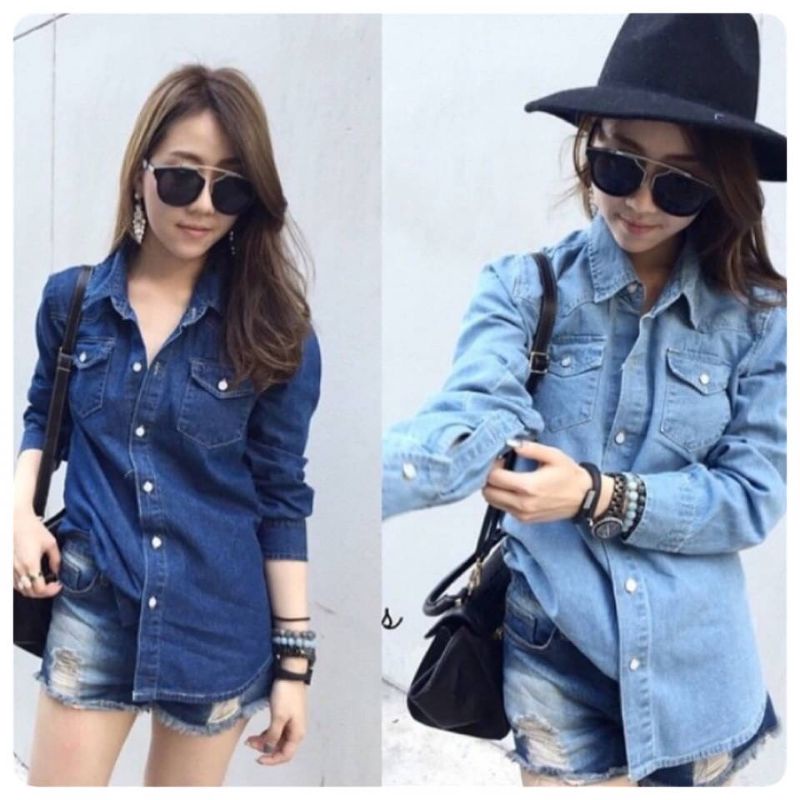 เสื้อเชิ้ตยีนส์ทรงBasicผ้ายีนส์นิ่มสวยมากไม่เอ้าท์แมทได้หลายสไตล์M-2XL | Shopee Thailand