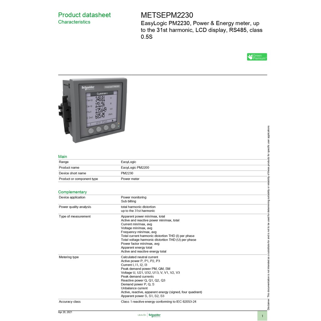 Schneider Electric - EasyLogic PM2230, Power & Energy meter, LCD ...