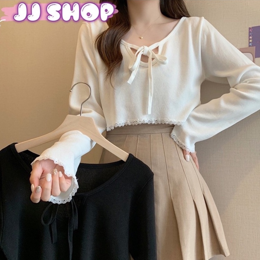 JJ Shop💜พร้อมส่ง เสื้อแขนยาวไหมพรม สีขาวดำดีเทลผูกเชือกปลายเสื้อลูกไม้น่ารัก "7650" | Shopee ...