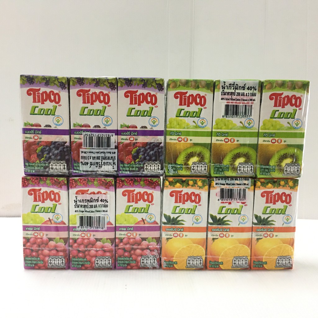 (แพ็ค 3) Tipco Cool Fit ทิปโก้ คูลฟิต มี 4 รสชาติ 200 มล. (ส้ม / กีวี่ /เบอร์รี่ มิกซ์ / เกรพ ...