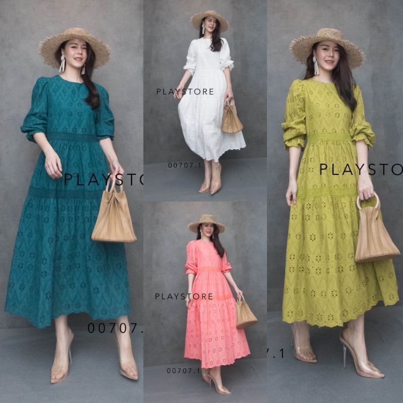 🏷️Mirrorsister #00707.1 เดรสยาวปักฉลุ ชุดทำบุญ เดรสลูกไม้ ชุดไปงาน เข้า ...