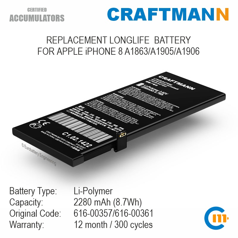 แบตเตอรี่ Craftmann 2280MAh สำหรับ Aple IPHONE 8 A1863/A1905/A1906 (616 ...