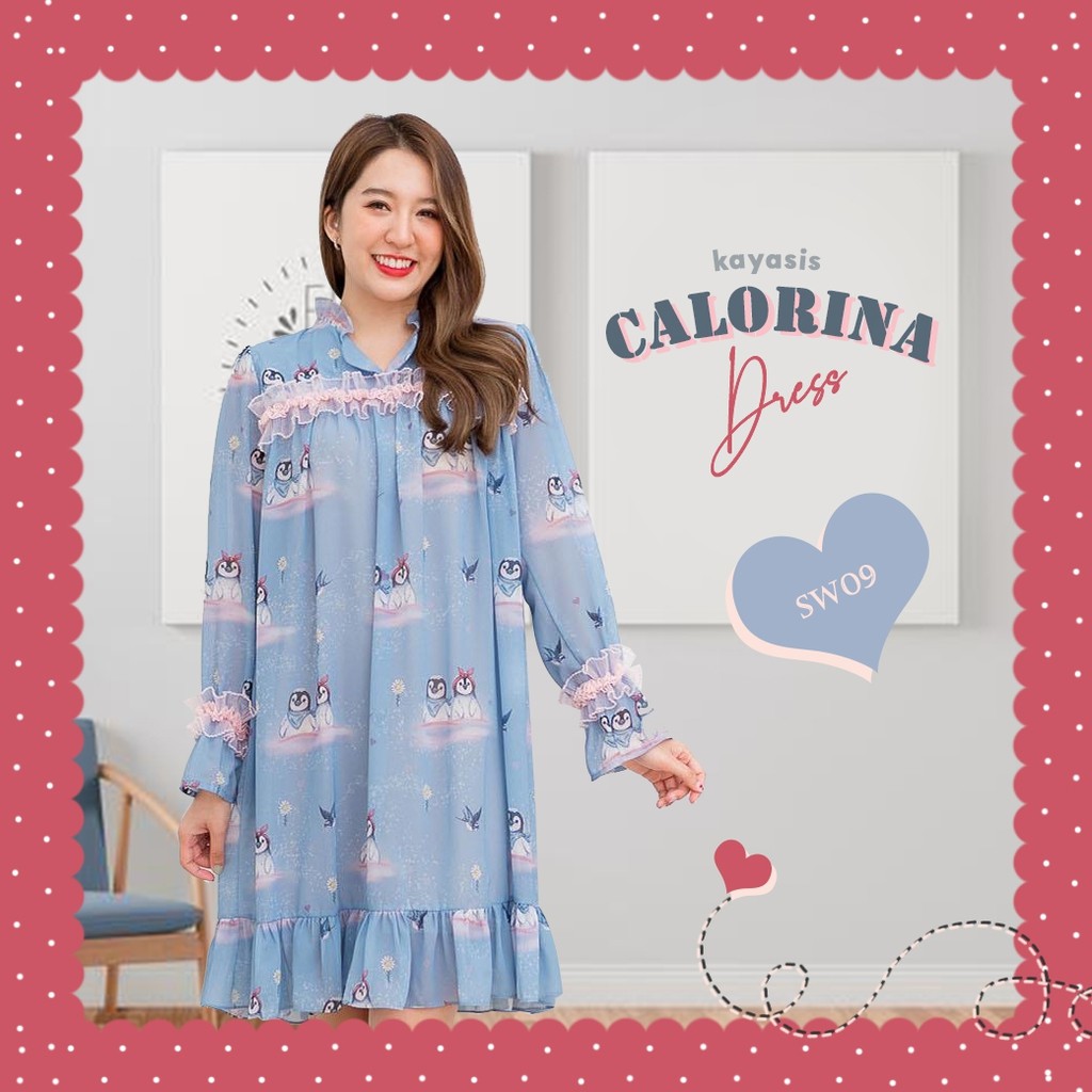 KAYASIS~ ️ l SW09 เดรสแขนยาว ทรงระบายคอตั้ง พิมพ์ลายกราฟฟิค สีฟ้า | Shopee Thailand