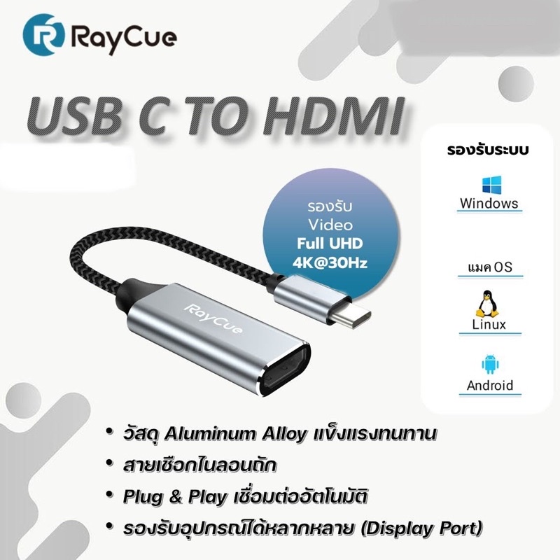 อะแดปเตอร์แปลง จาก USB Type C เป็น HDMI Raycue แสดงภาพ,เสียงที่รองรับ ...