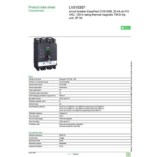 Schneider Electric - Circuit Breaker EasyPact CVS100B, 25kA at 415VAC ...