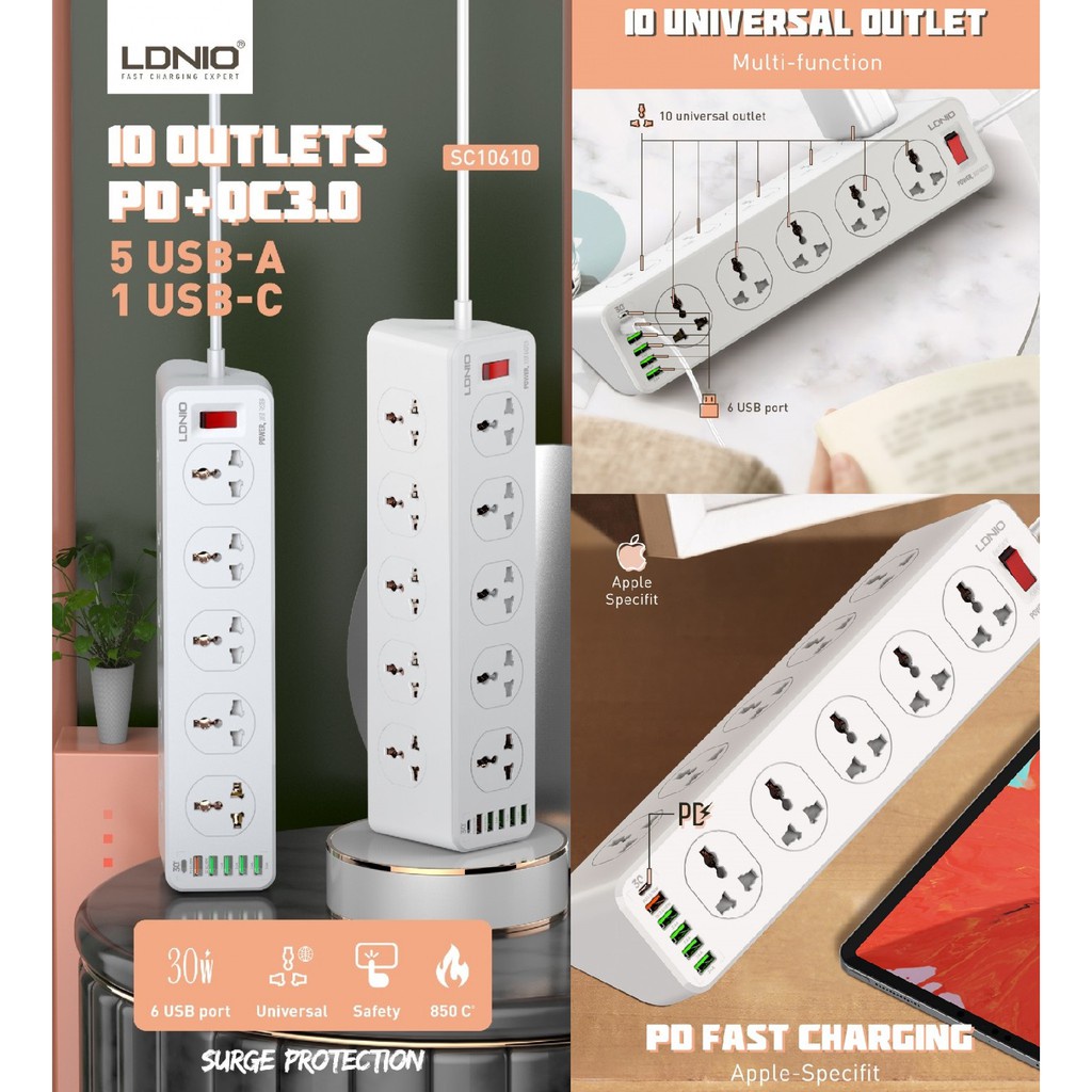 LDNIO SC10610 ปลั๊กพ่วง ปลั๊กไฟ 10Socket รองรับ 5USB &1USB-C QC 3.0 ...