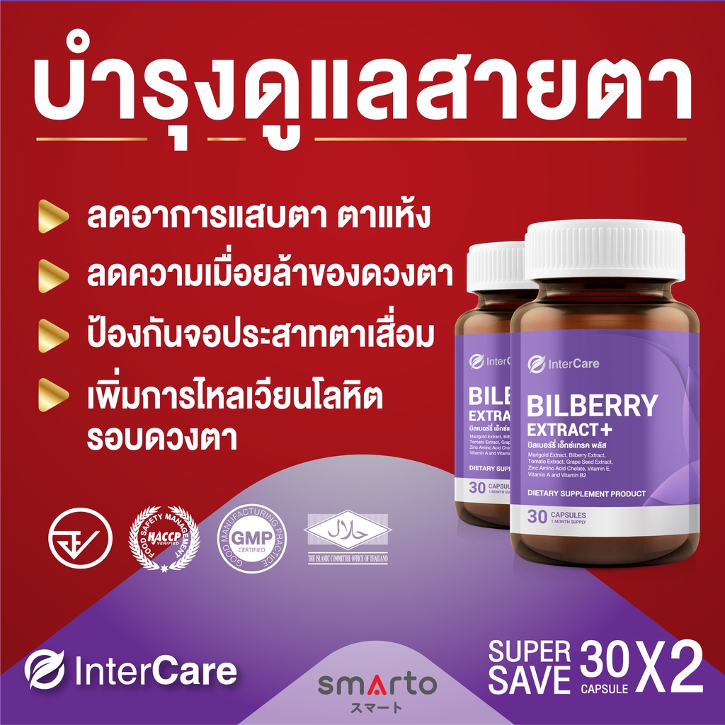 New แพ็คคู่ อาหารเสริมช่วยบำรุงสายตา มีวิตามินเอ ลดอาการแสบตา INTERCARE Bilberry Extract + (30 ...