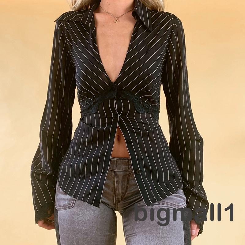 BIGMALL-Women’s Casual Flared Sleeve Shirt Fashion Stripe V-neck Lace ...