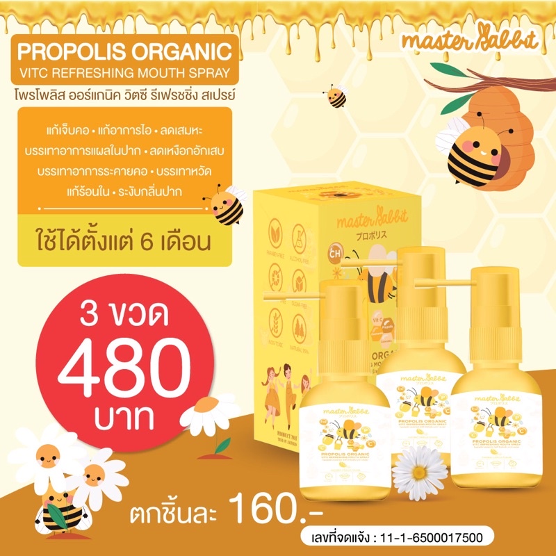 โพรโพลิส สเปรย์แก้เจ็บคอ Master Rabbit Propolis โพโพรลิช ฆ่าเชื้อในลำคอ แก้เจ็บคอ ปวดฟัน ร้อนใน ...