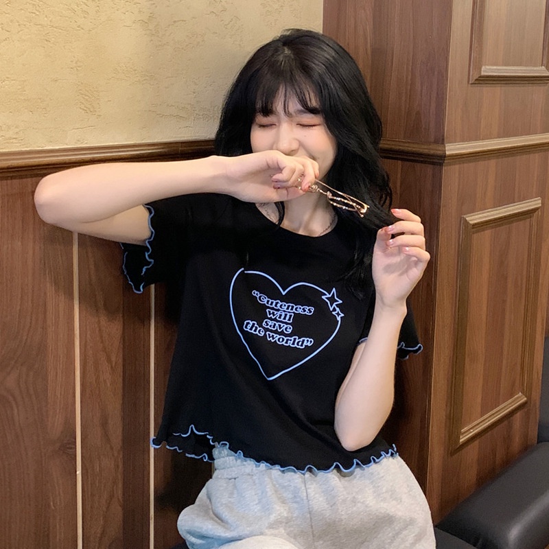 【WANG JIAO ZHAN】 เสื้อยืดแขนสั้นพิมพ์เกาหลีสั้น【6699】 | Shopee Thailand