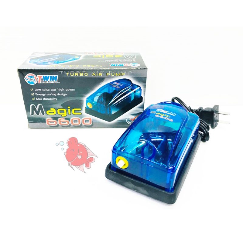 ปั๊มลม ปั๊มออกซิเจน ทวิน เมจิค Twin Magic 6600 ปั๊มลม 1ช่อง สามารถปรับแรงเบาได้ ตัวปั๊มลมสีฟ้าใส ...