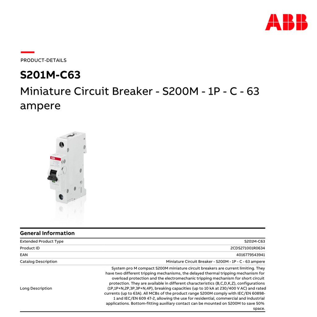 ABB S201M-C63 Breaker เบรคเกอร์ S201M-C63 เซอร์กิตเบรกเกอร์ 63Amp 1P 10KA 🚀จัดส่งเลย! 🚀 | Shopee ...