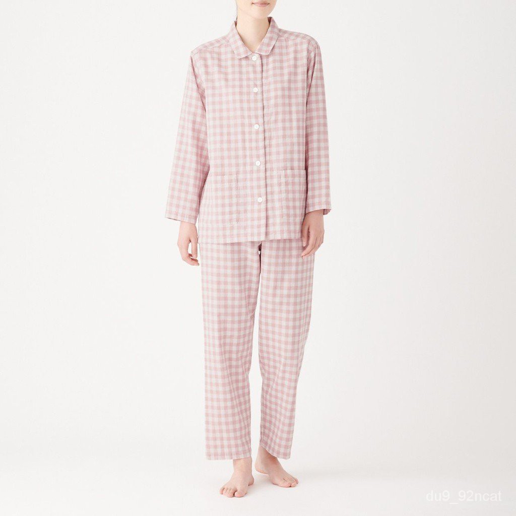 Muji154: Muji pink plaid Side Seamless Double Gauze Pajamas (ตัดป้าย ...