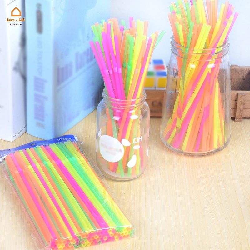 [Stock] 100 Pcs/Pack Fluorescent Plastic Bendable Straws/ 21CM ...