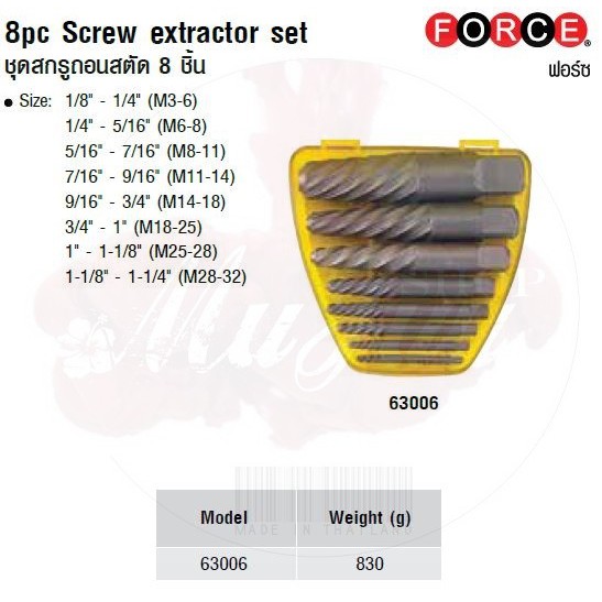 FORCE ชุดสกรูถอนสตัด 8 ชิ้น 8pc Screw extractor set Model 63006 | Shopee Thailand