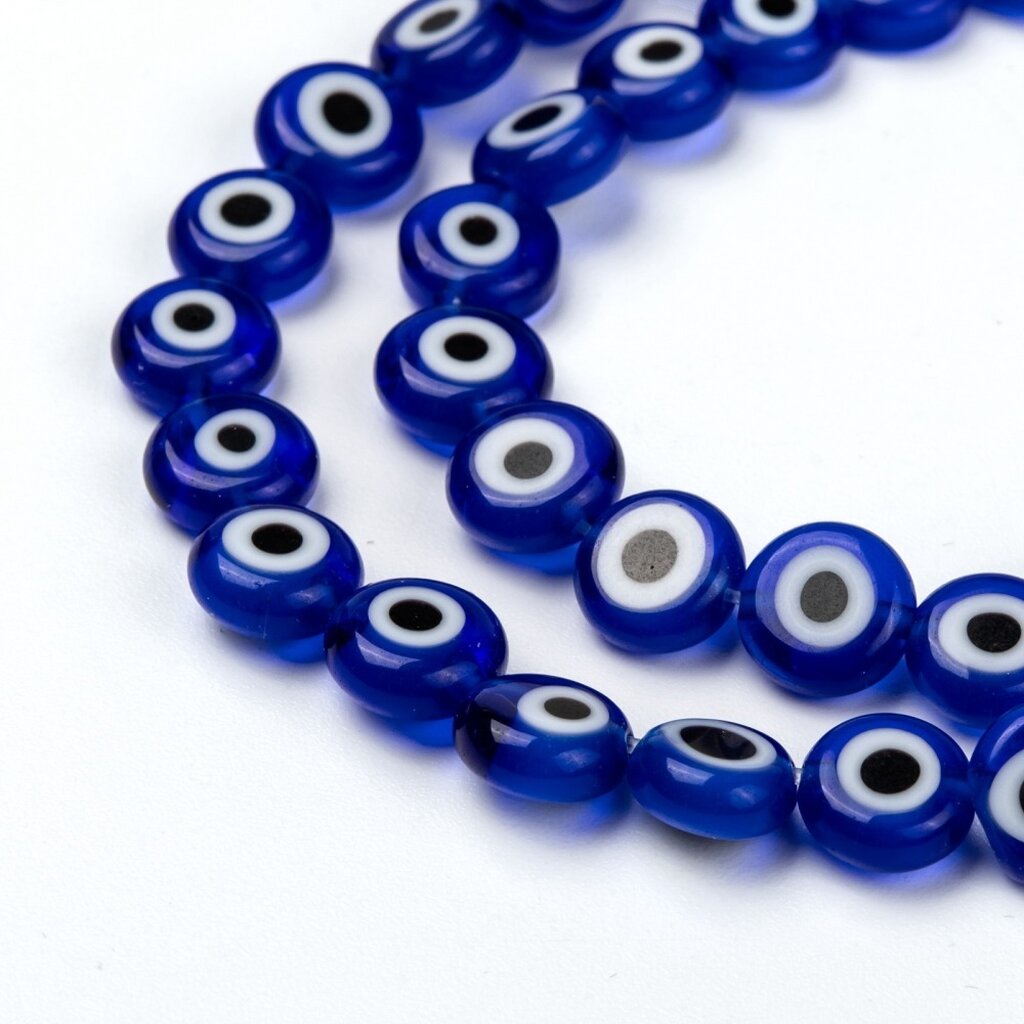 Handmade Evil Eye Lampwork Flat Round Bead Strands, Blue, ลูกปัด Evil ...