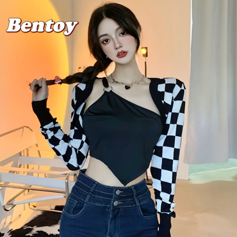 Bentoy(7627+7627-1)ชุดเซ็ท เสื้อคลุมไหล่แขนยาว+เสื้อสายเดี่ยวคาดไหล่ ชายไม่เท่ากัน ลายตะรางสุด ...