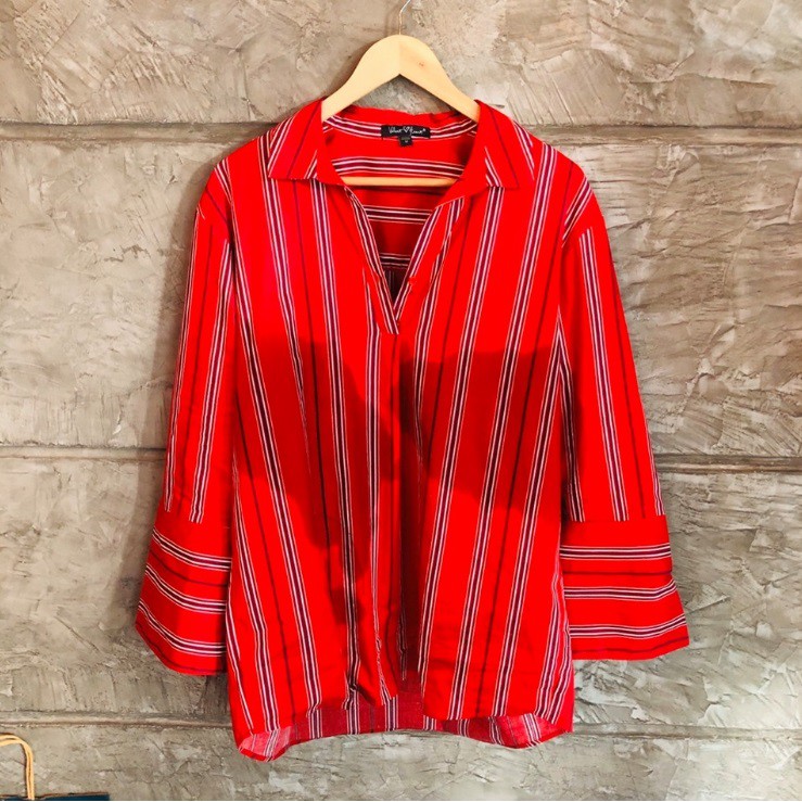 Velvet Heart Striped Shirt- RED | Shopee Thailand