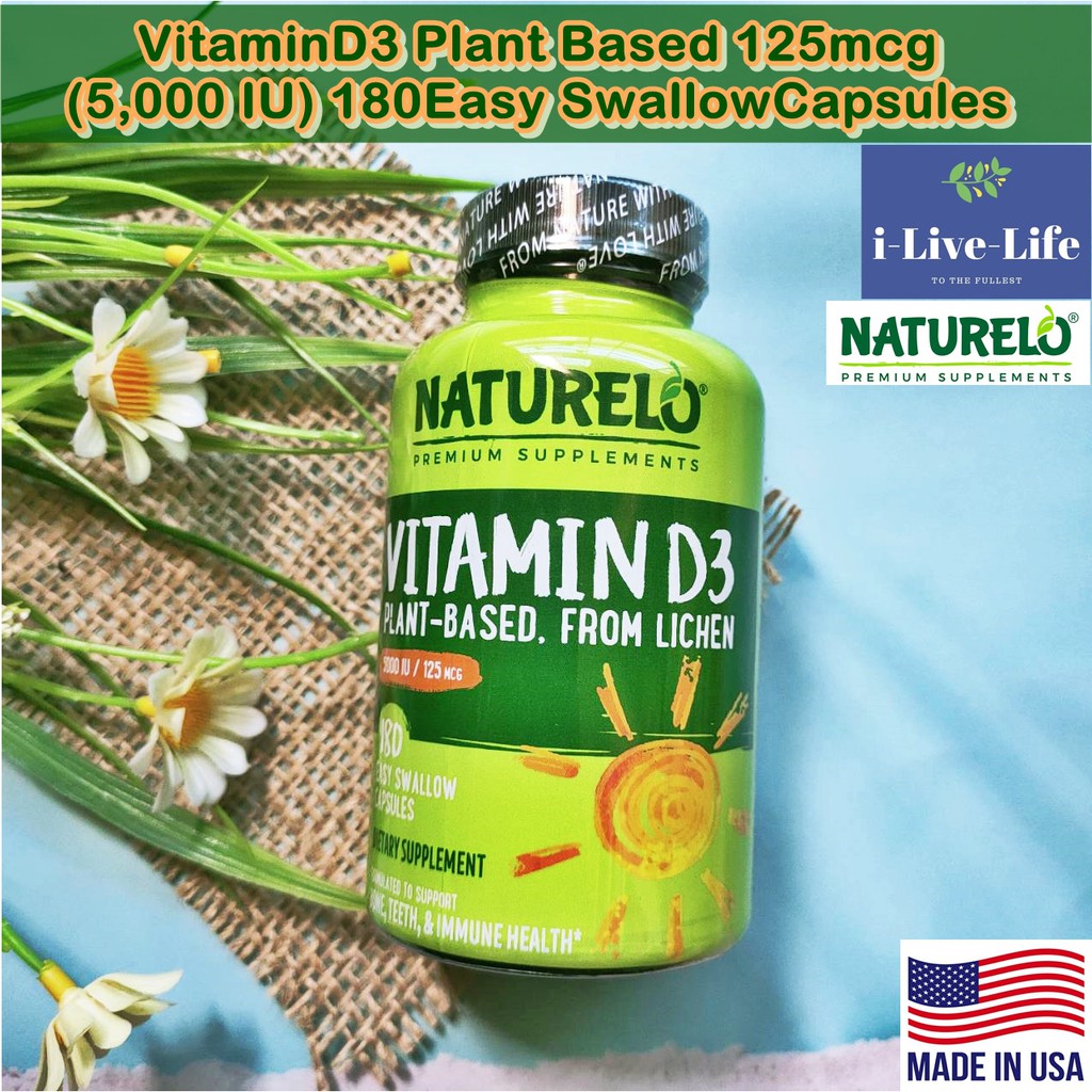 วิตามินดี 3 Vitamin D3 Plant Based 125 mcg (5,000 IU) 180 Easy Swallow Capsules - NATURELO D-3 ...