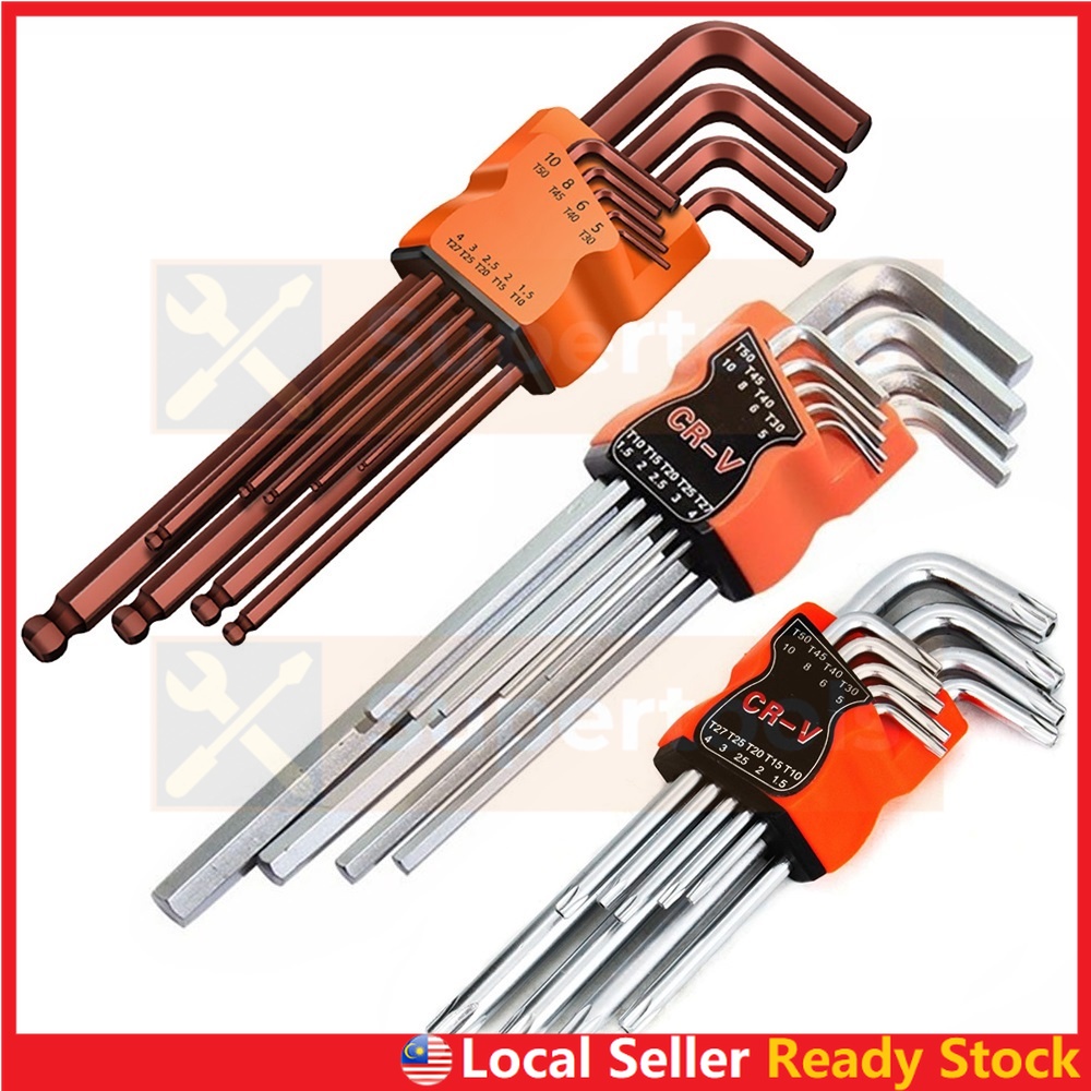 9 pcs Allen ชุดประแจกุญแจ Ball Point หัวแบน Hex Torx Star ยาวพิเศษ CRV ...