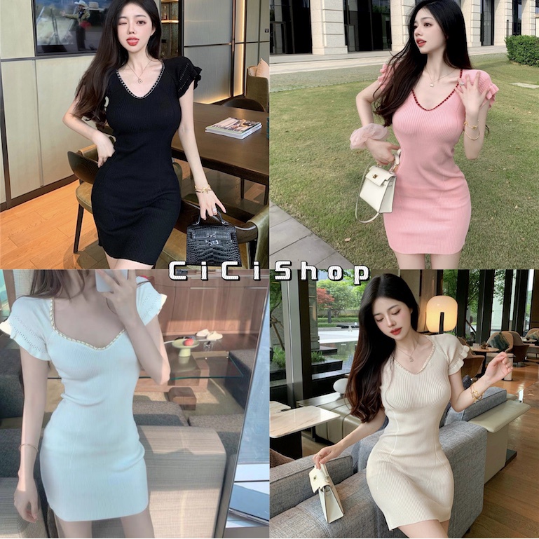 cicishop(9695)เดรสไหมพรม แต่งขอบระบาย ยืดได้เยอะ เข้ารูป น่ารักมากๆ | Shopee Thailand