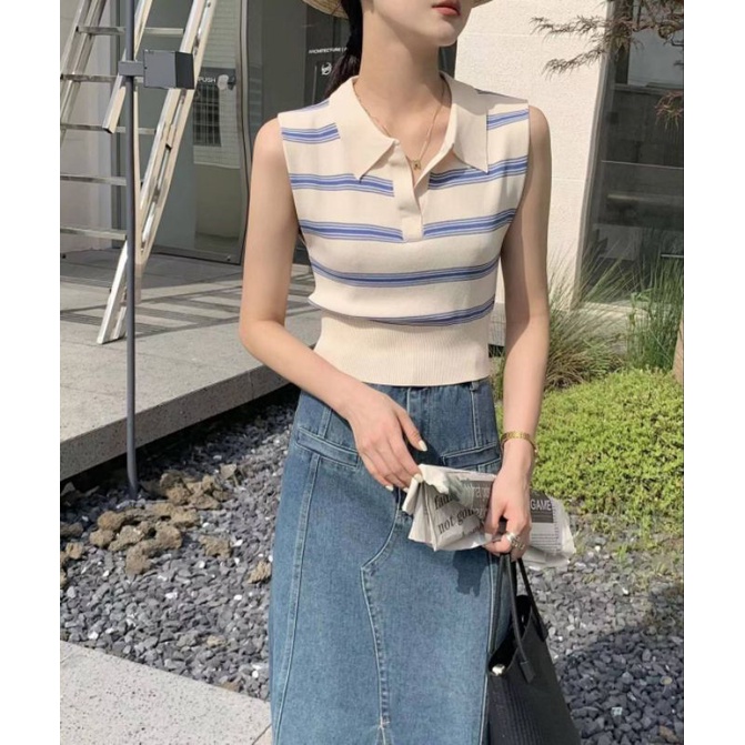 Ey_official#358#เสื้ิอครอปไหมพรมคอปกแขนกุดกลายทาง+ลายพื้นแมทช์กับอะไรก็ ...