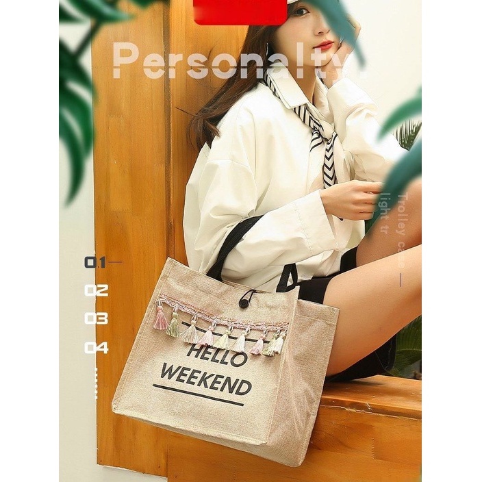 (w227)กระเป๋าผ้าใบสาน ใบใหญ่หนาลายHello ประดับพู่สวยงาม redskyzone ...