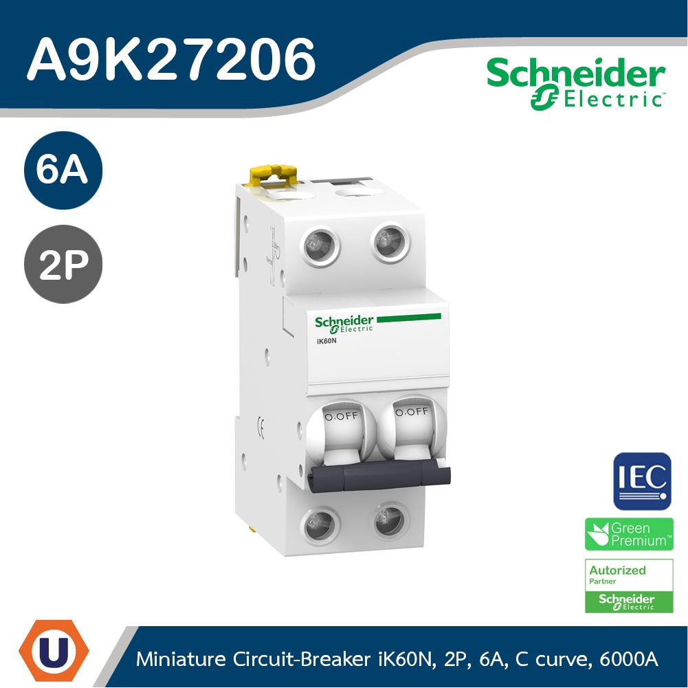 Schneider Electric - Miniature Circuit-Breaker, Acti9 iK60N, 2P, 6A, C Curve, 6000A (IEC 60898-1 ...