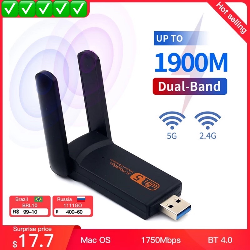 ไร้สายUSB 1900Mbps WiFi Adapter Dual Band 2.4G/5Ghz USB 3.0 WIFI Lan Adapter Dongle 802.11acด้วย ...