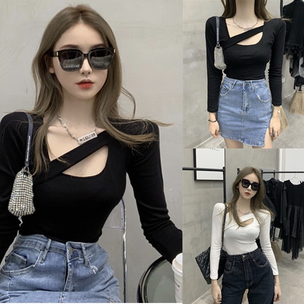 【WANG JIAO ZHAN】 เสื้อยืดแขนยาวกลวงเซ็กซี่แฟชั่นผู้หญิงสีทึบออกแบบ【6829 ...