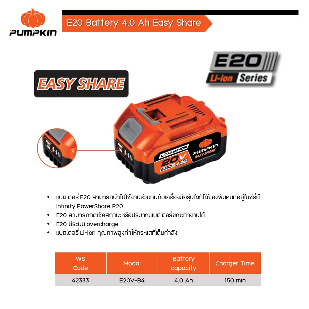 PUMPKIN แบตเตอรี่20V 2.0Ah / 4.0Ah E20V-B2-B4 PUMPKIN #42325 #42333 | Shopee Thailand
