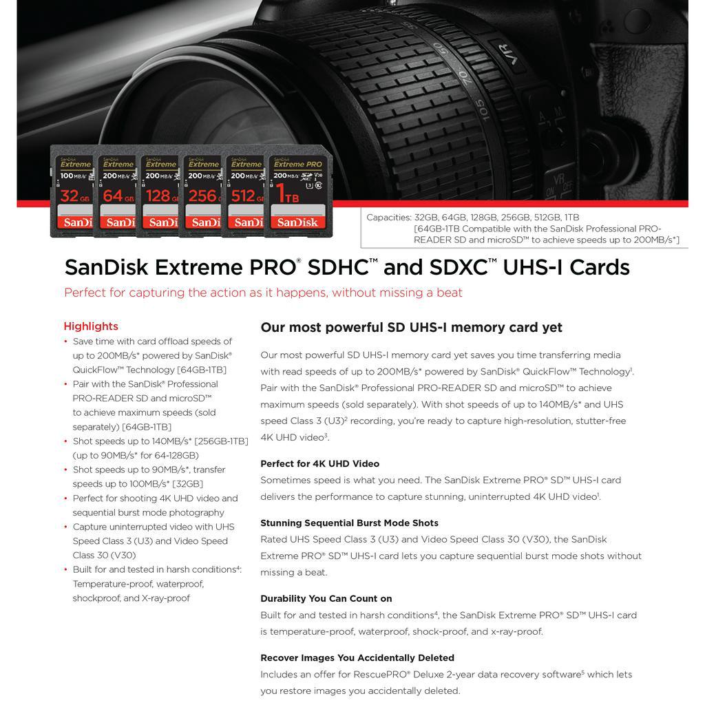 SanDisk Extreme Pro SD Card SDXC 1TB 512GB 256GB Speed R/200MB/s ...