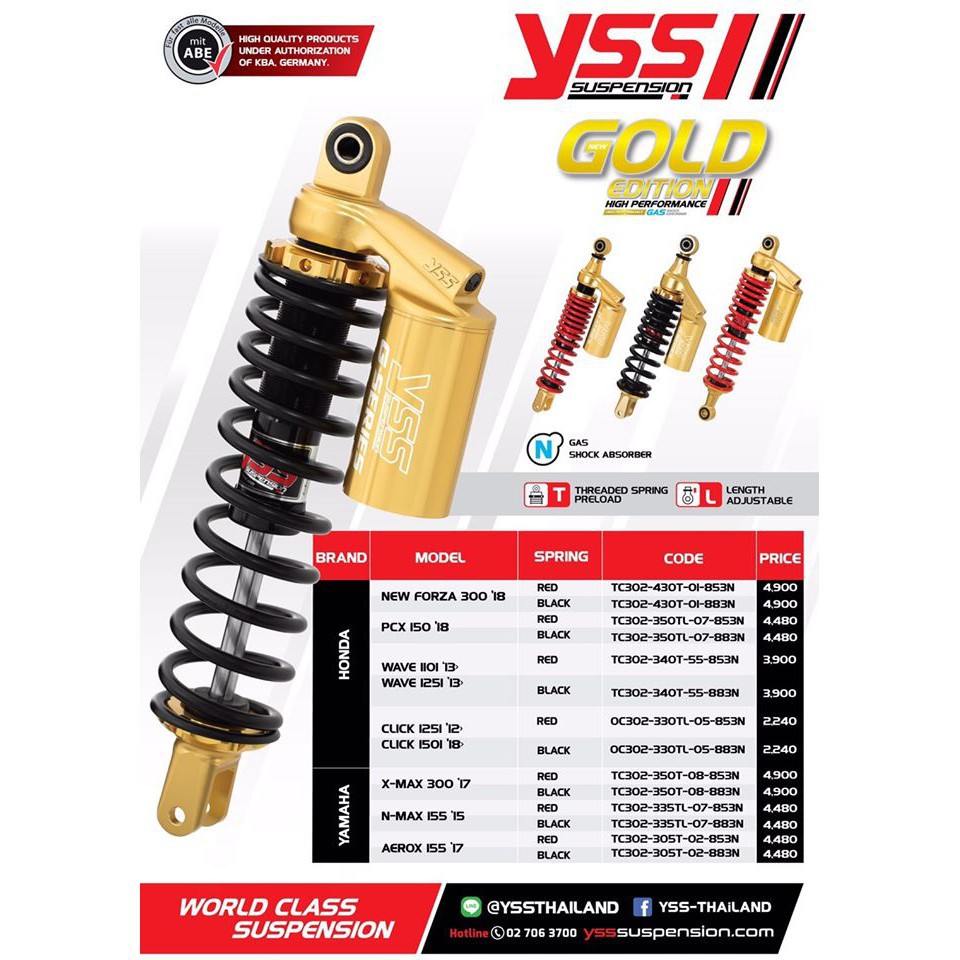โช้คอัพ YSS G-SERIES (GOLD-EDITION) สำหรับ HONDA CLICK 125i/150i ...