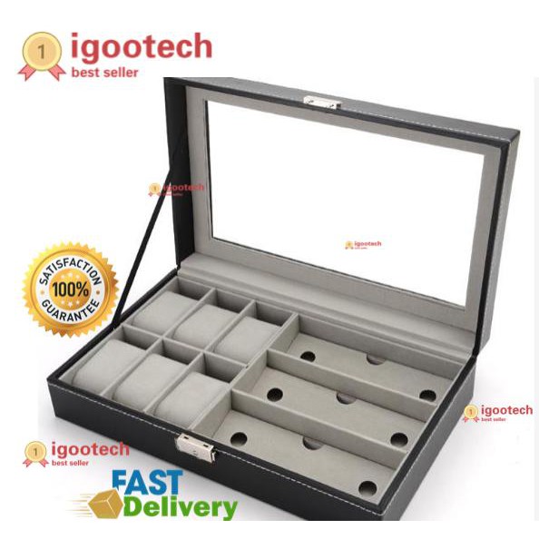 igootech กล่องใส่นาฬิกา 6 เรือน กล่องใส่แว่นตา 3 อัน ฝากระจก พร้อมตัวล็อค black | Shopee Thailand