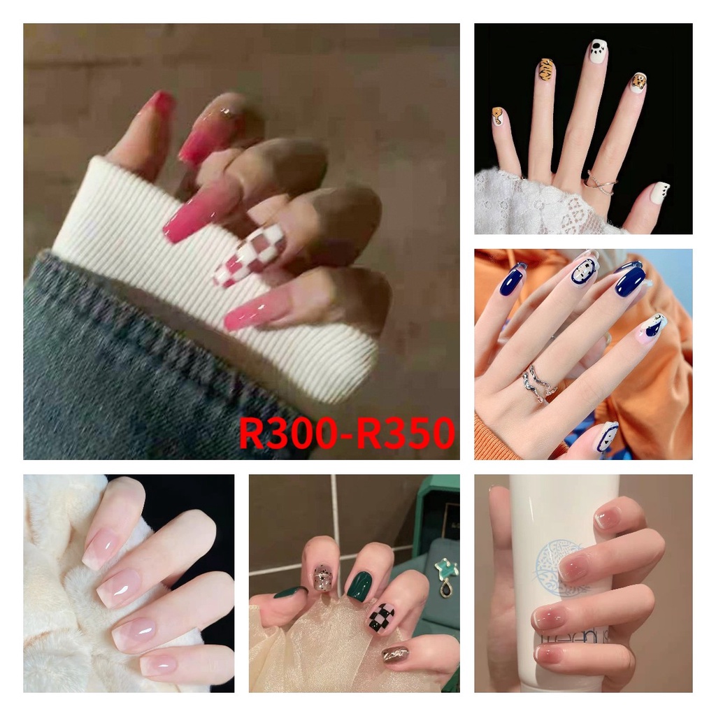 【ฟรีกาว+กล่อง】R300- R350 เล็บปลอมยาว สไตล์ฝรั่งเศส พร้อมกาว 24 ชิ้น ...