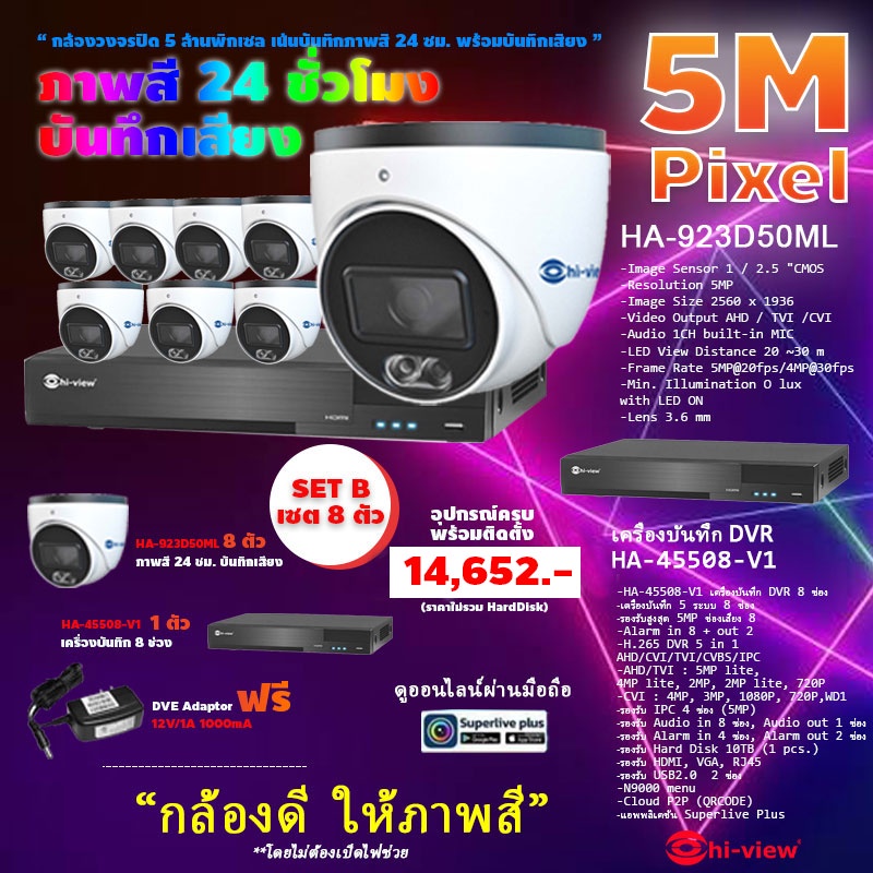 Hi-view ชุดกล้องวงจรปิดกล้อง HA-923D50ML 8ตัว+HA-45508-V1 เครื่องบันทึก ...
