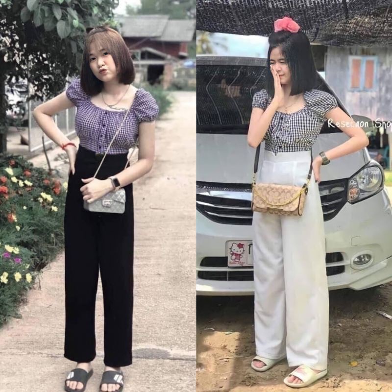 🌈MesubShop🌈 ชุดเซ็ต Set2ชิ้น เสื้อ+กางเกง ผ้าบาร์บี้งานตามหาครอปลายสก๊อต+กางเกงเอวยางหลัง ดอลลี่ ...