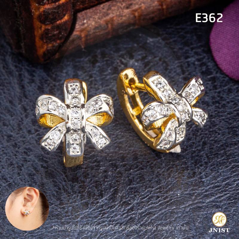 JNist E362 ต่างหูโบว์ผูกหุ้มทองแท้ ต่างหูเพชรสวิส CZ ต่างหูห่วง ชุบทอง ...