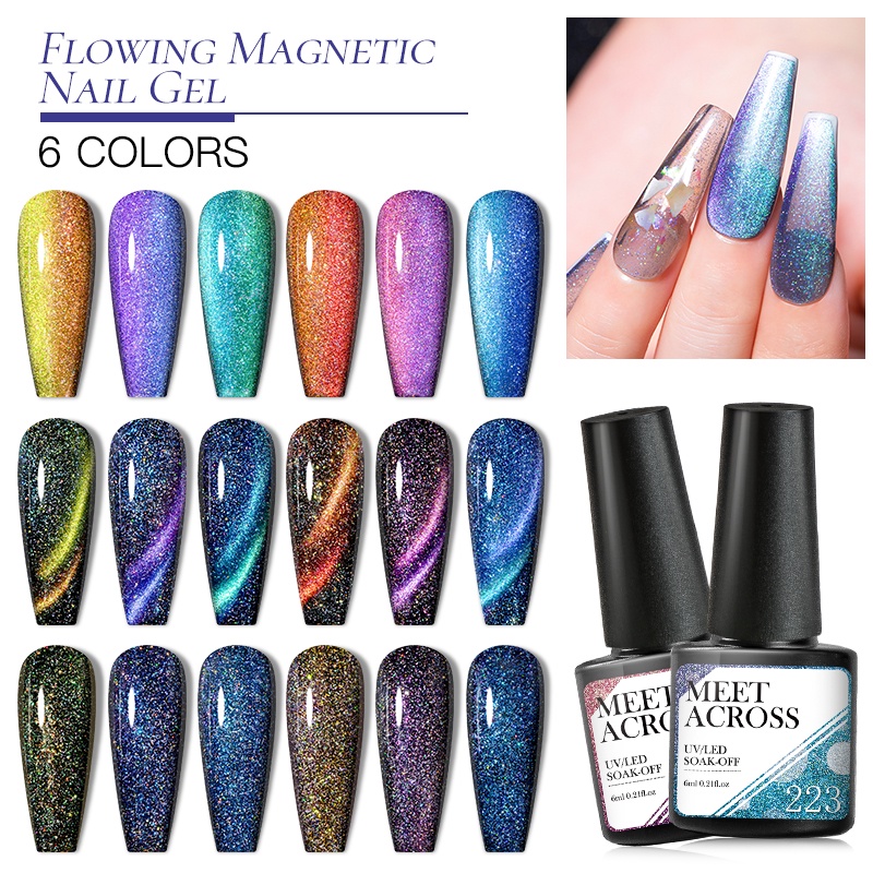 MEET ACROSS 6ml แม่เหล็กเจลเล็บติดทนนาน Cat Eye เล็บเจล Soak Off กึ่งถาวร UV LED เจลเคลือบเงา ...