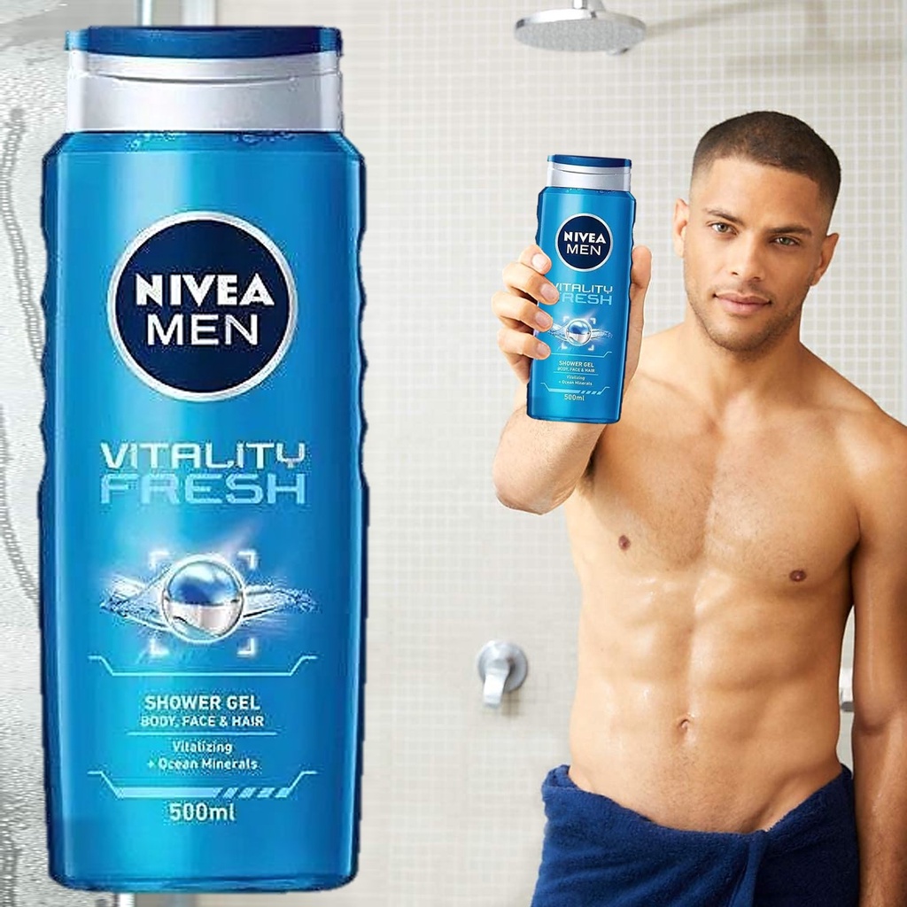 NIVEA Men Vitality Fresh with Ocean Minerals Shower Gel for Body/Face/Hair 500mlเจลอาบน้ำทำความ ...