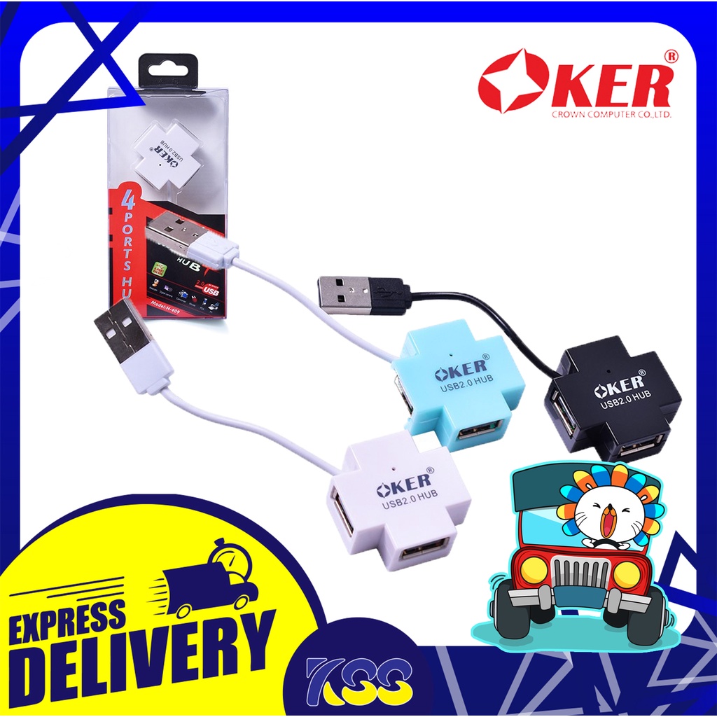 อุปกรณ์เพิ่มช่อง USB USB Hub OKER H-409 USB 2.0 HUB + 4 PORTS (สีฟ้า/สีขาว/สีดำ) รับประกัน 6 ...
