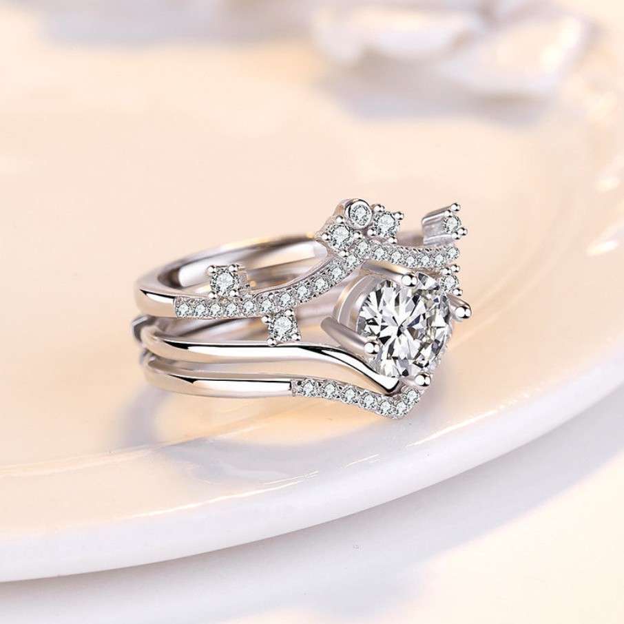 Vimo [ พร ้ อมใบรับรอง GRA เงินสเตอร ์ ลิง S925 เงินฝังมงกุฎแพลทินัมแหวนสามในหนึ ่ งเดียวเพชรสัง ...