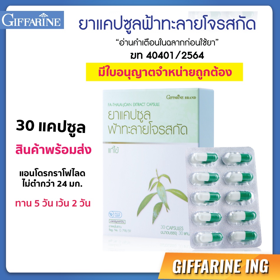 ฟ้าทะลายโจร ฟ้าทะลายโจรแคปซูล GIFFARINE ปริมาณแอนโดรกราโฟไลด์ไม่ต่ำกว่า 24 มก. 30 แคปซูล เลข ...
